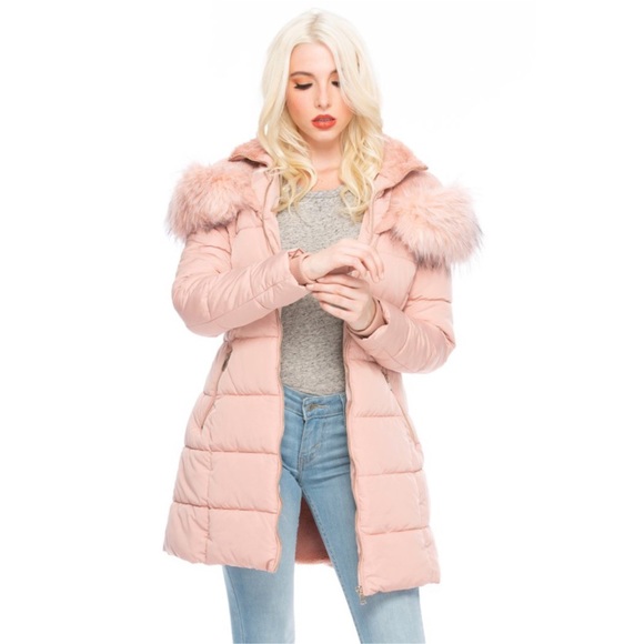 Jackets & Coats | Blush Pink Hooded Puffer Coat With Faux Fur Trimming ...